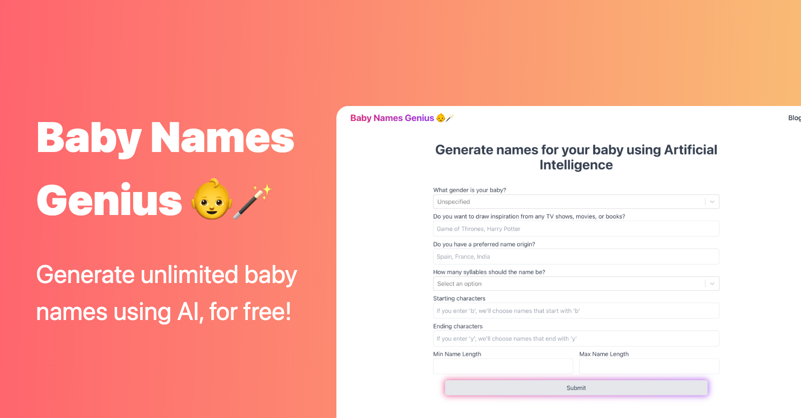 Baby Names Genius - Generate baby names for free using AI